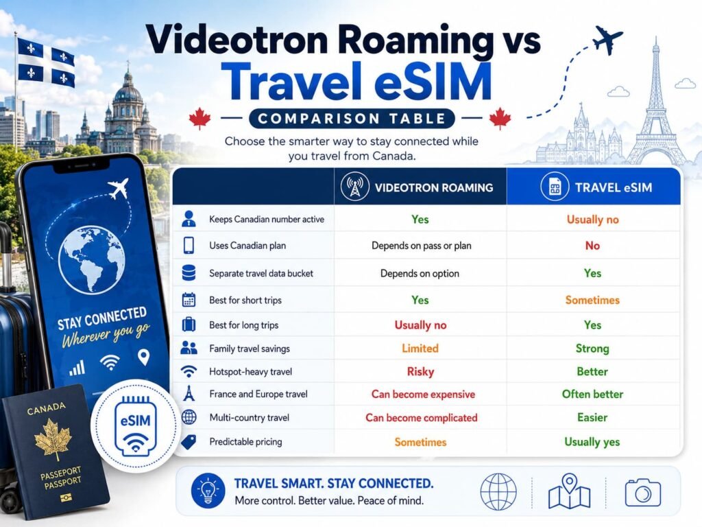 Videotron Roaming vs Travel eSIMs: Daily Pass Costs for Quebec Travelers